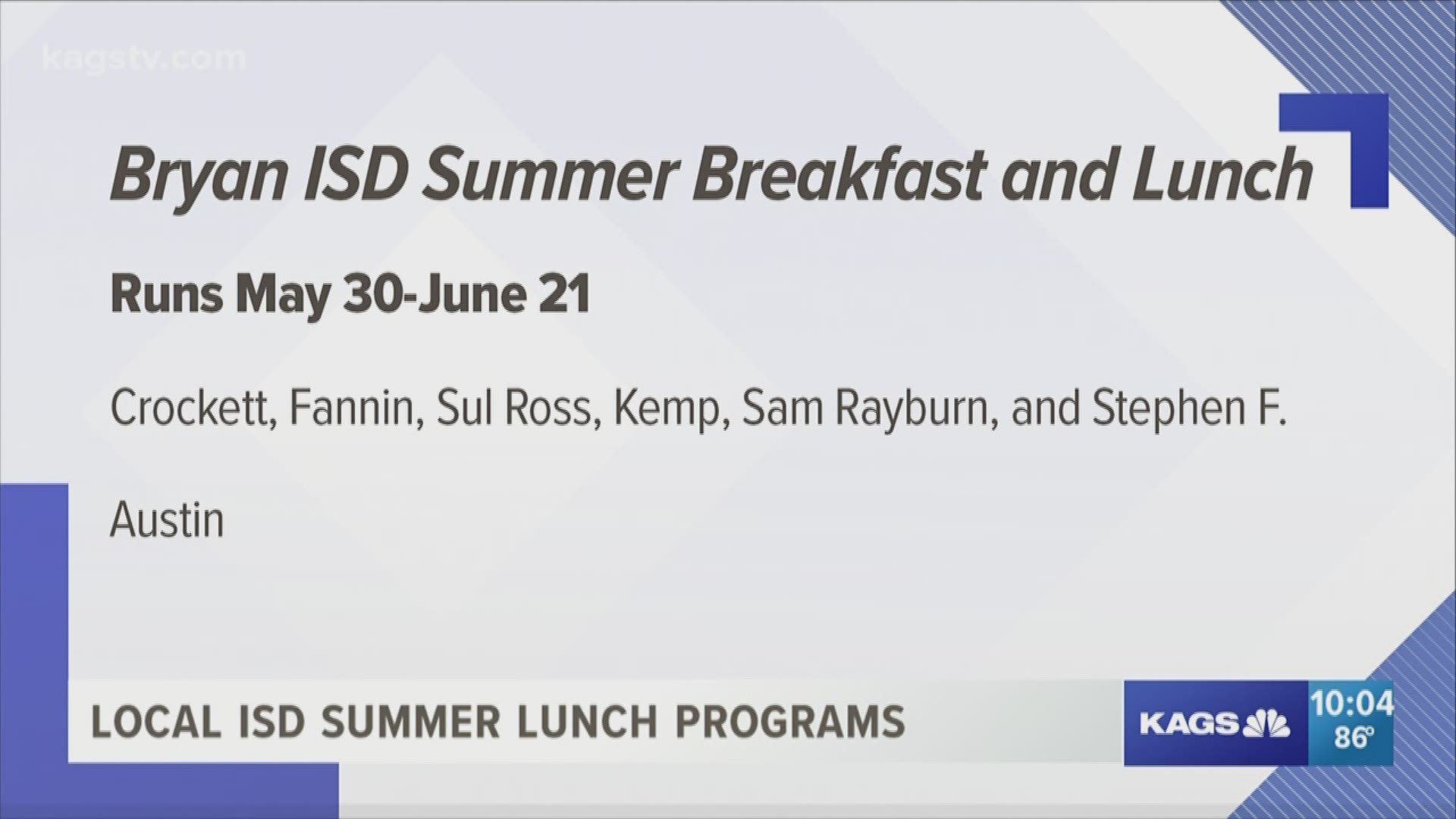 Local school districts will provide free summer meal program | kagstv.com