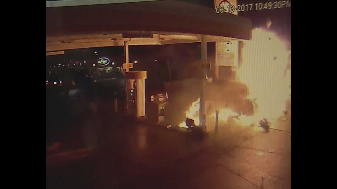 Pump bursts into flames after car crashes into gas station | kagstv.com