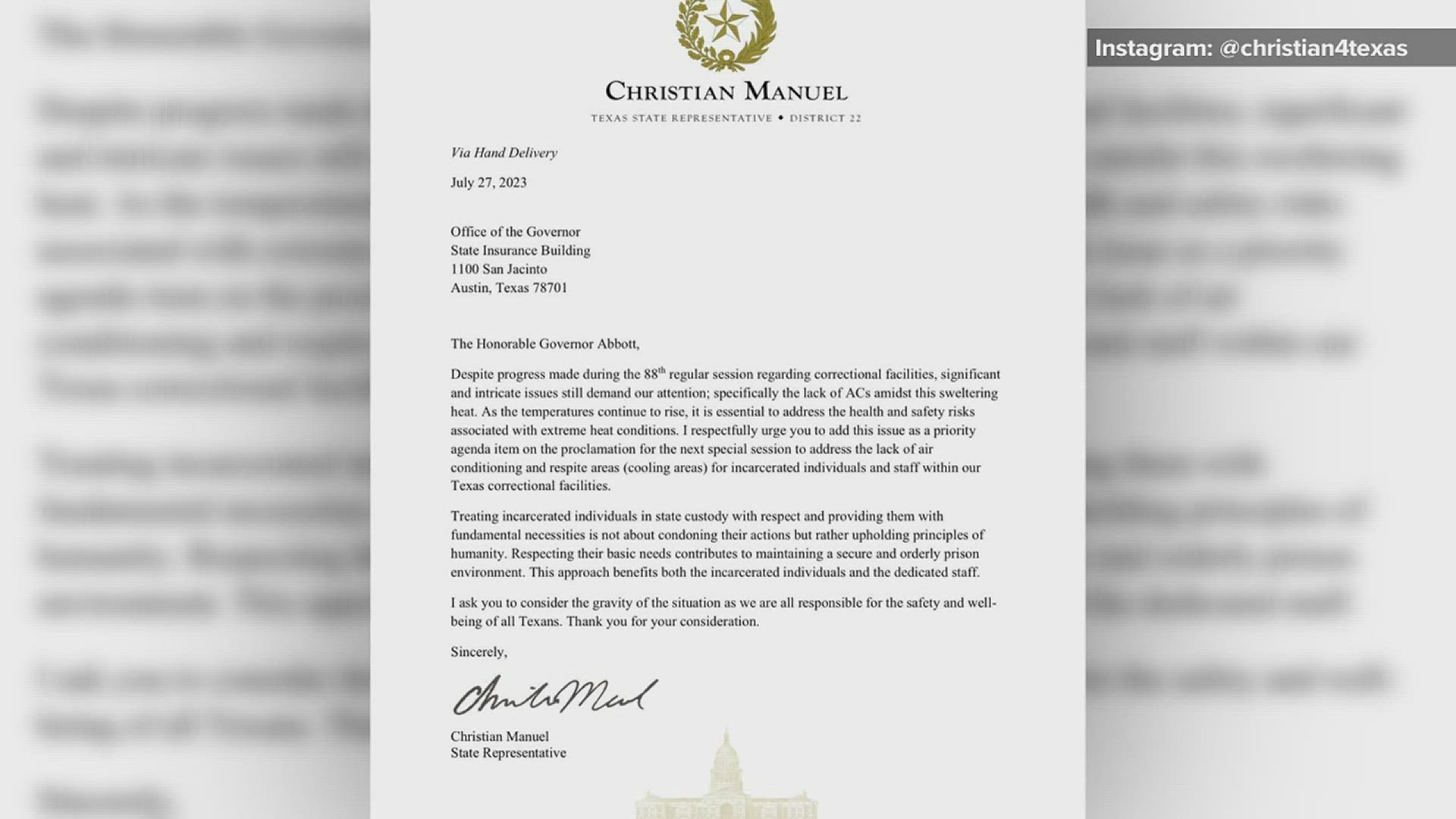 Rep. Manuel sends letter to Gov. Abbott ACs in state prisons | kagstv.com